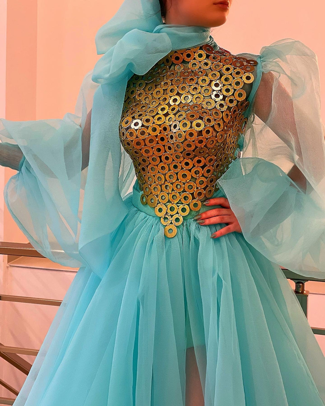 Melany Beautiful Blue with Golden Neck Evening Dress – D&D Clothing