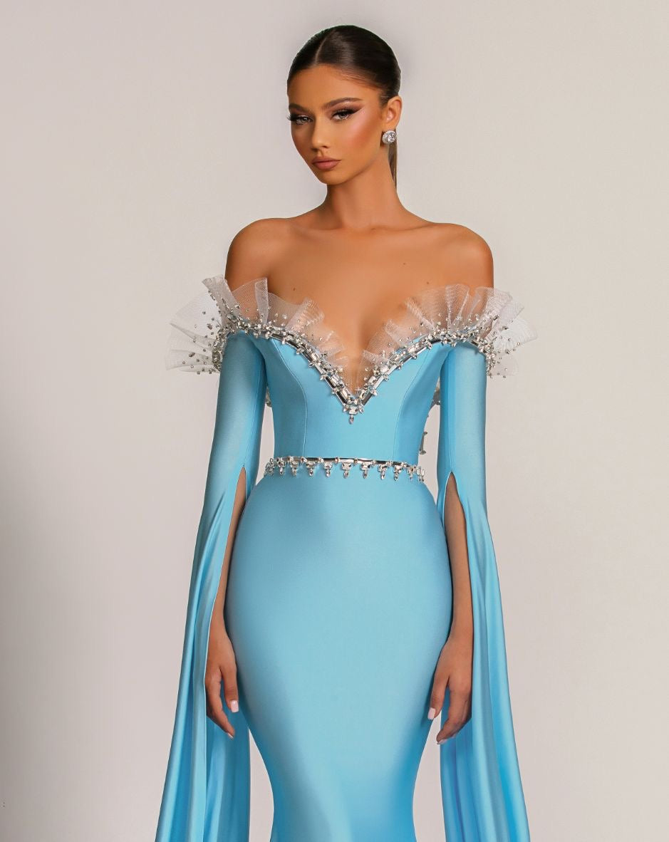 Carolina Elegant Off-Shoulder Blue Evening Dress – D&D Clothing