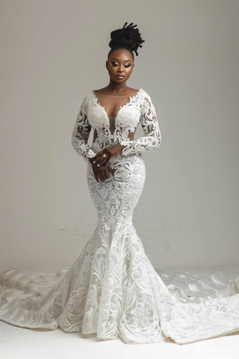 Harley Elegant v Neck White Mermaid Gown Wedding Dress – D&D Clothing