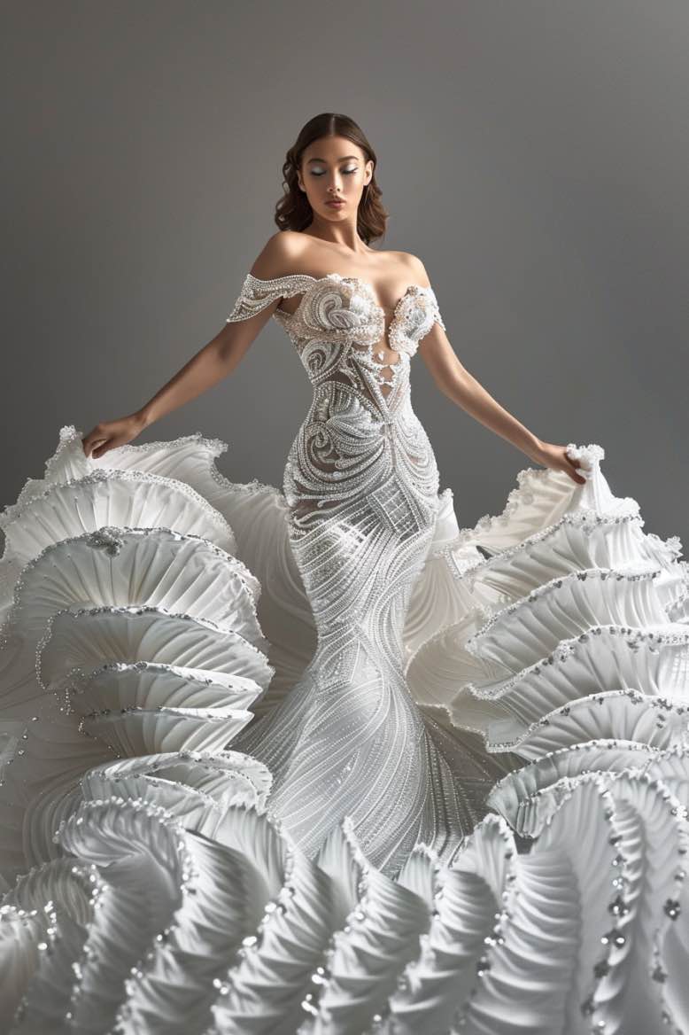 Arya Elegant Sequin Off Shoulder White Mermaid Gown Wedding Dress – D&D ...