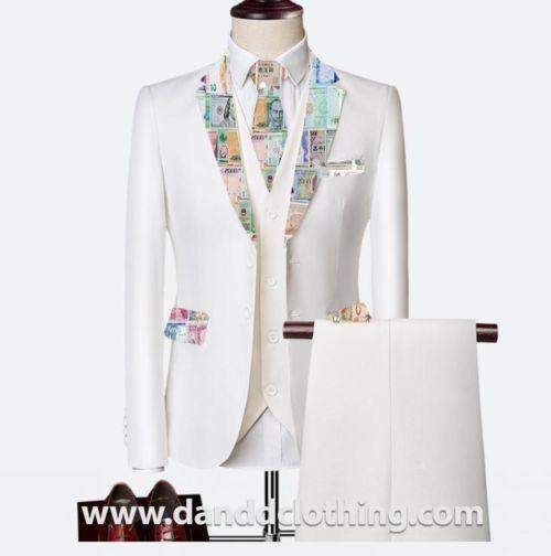 African White 3 Piece Money Print Suit – D&D Clothing